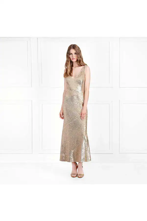 rachel zoe gold sequin dress Rachel Zoe's Oversized Round Sunglasses and Gold Choker Dress