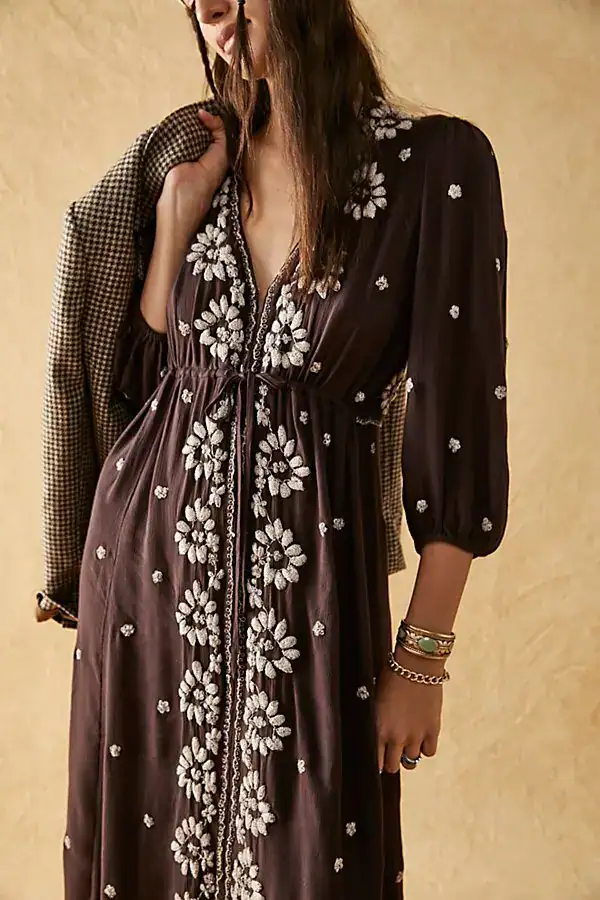 Free People Embroidered Fable Midi Dress - Chocolate Merlot Combo |  Editorialist