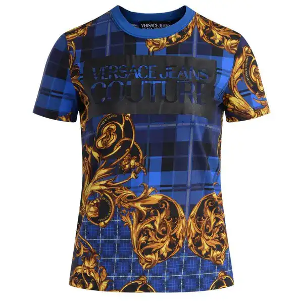 Versace T-Shirt With Logo And Tartan Baroque Print Blu