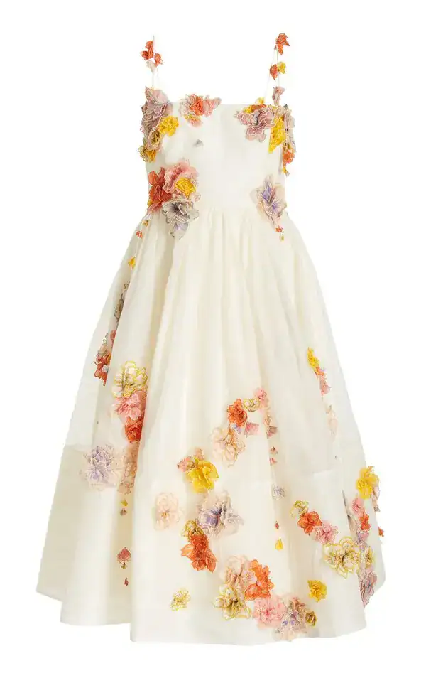 Zimmermann Postcard Floral-Appliqued Linen-Silk Midi Dress - White |  Editorialist