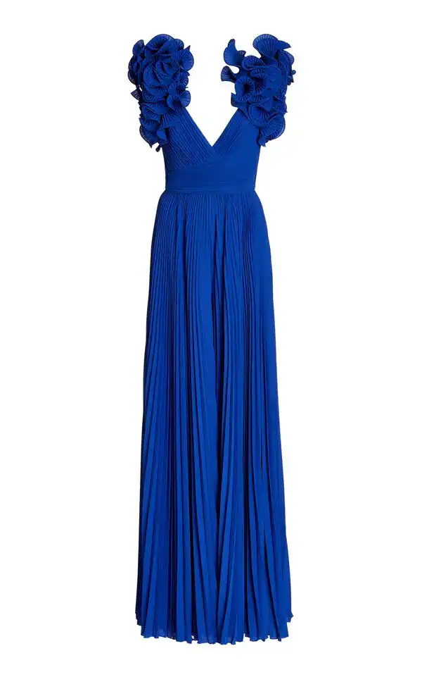 Elie Saab Ruffled Plisse Gown In Blue - 50% Off | Editorialist