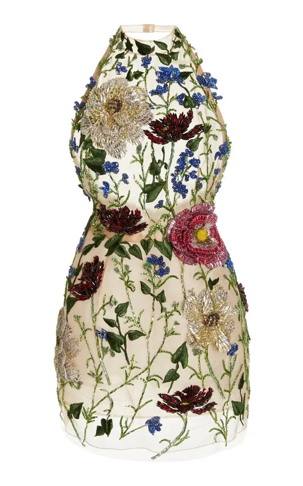sachin and babi light blue dress Oscar De La Renta Crystal-Embellished Embroidered Tulle Mini Halter Dress  In Floral - 30% Off