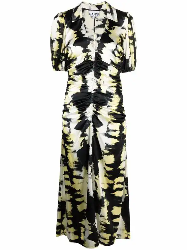 ganni yellow silk dress Ganni Calla Yellow Floral Silk Wrap Dress Assymetrical Ruffle Hem Size 40  US 10