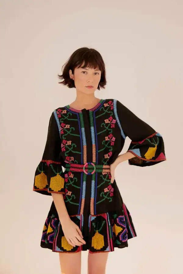 farm rio black cross stitch mini dress Latina Scarf Black Mini Dress by Farm Rio