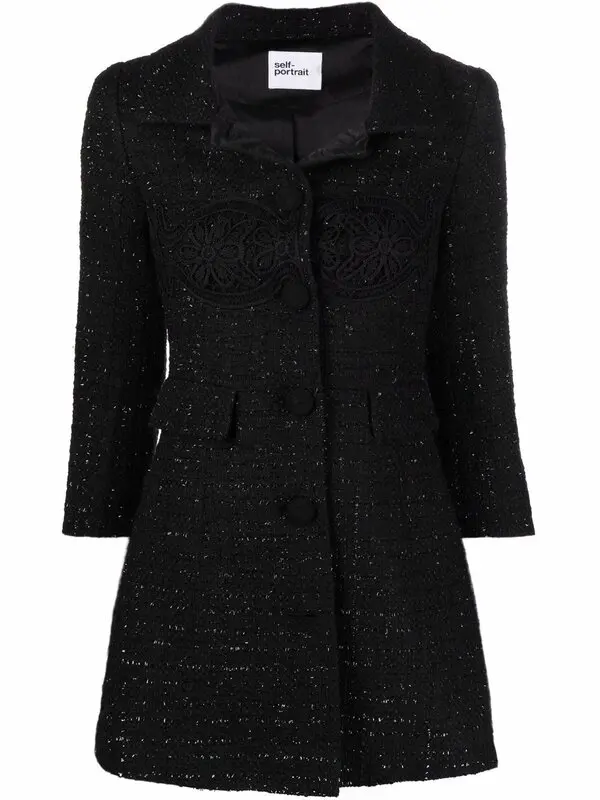 Self-Portrait Lace-Detailing Bouclé Fitted Jacket In Black 60