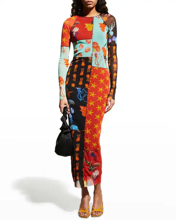 Fuzzi Mixed-Print Long-Sleeve Dress Patchwork Editorialist