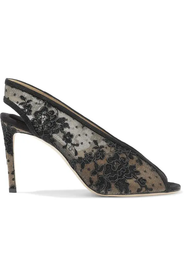Jimmy Choo Shar 85 Suedetrimmed Corded Lace Slingback Pumps In