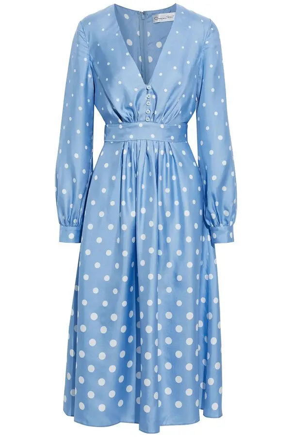 Oscar De La Renta Gathered Polka-Dot Silk-Satin Twill Midi Dress Blue In Light  Blue - 55% Off | Editorialist