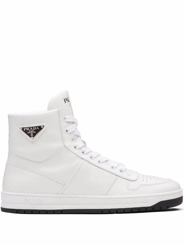 Prada Perforated Triangle-logo High-top Sneakers - White