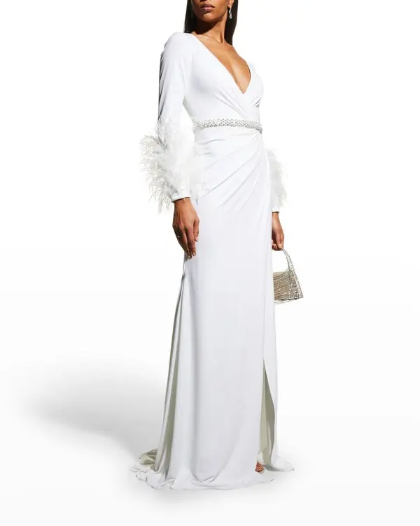 Jovani V-Neck Feathered-Sleeve Gown In White 75% Off Editorialist