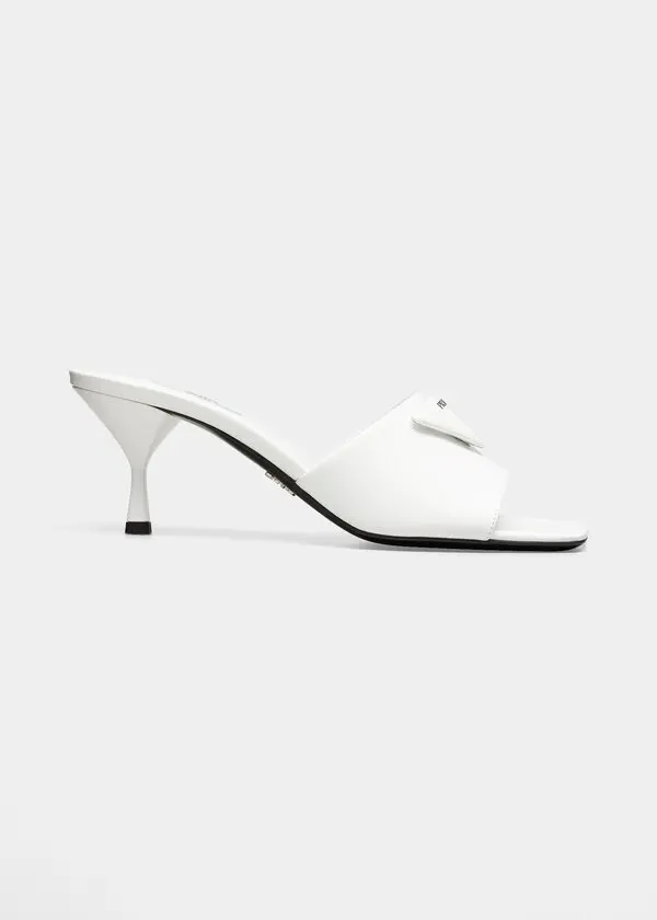 Prada Logo Triangle Kitten-Heel Sandals - White | Editorialist