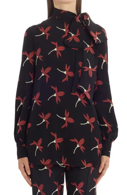 Valentino Garavani Fairy Flowers Print Tie Neck Blouse - Nero/rosso 0nr
