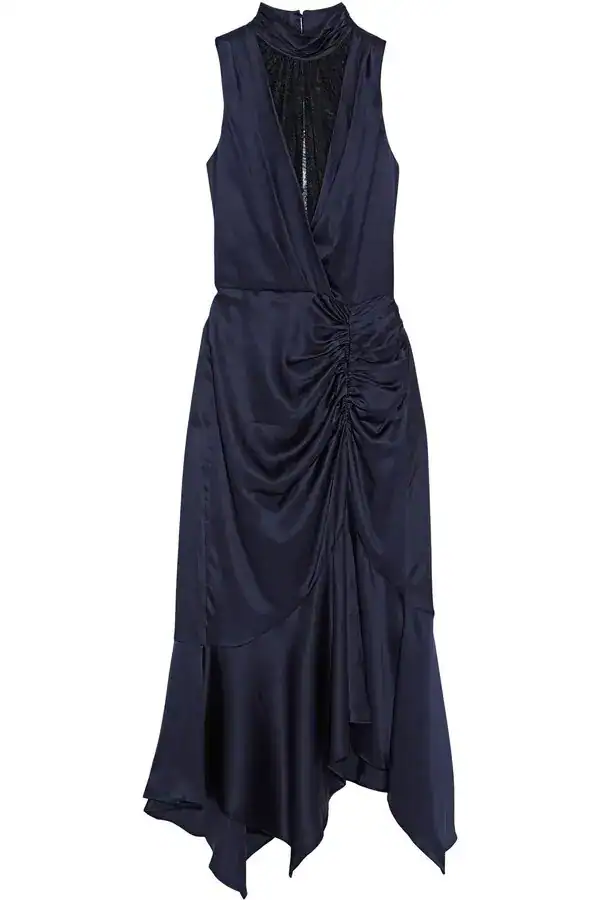 Simkhai Corded Lace-Paneled Ruched Silk-Satin Midi Dress In Navy - 50% Off  | Editorialist
