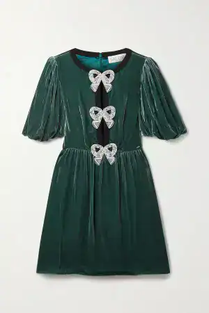 Saloni Camille Bow-Embellished Crepe-Trimmed Velvet Mini Dress In Green -  40% Off | Editorialist