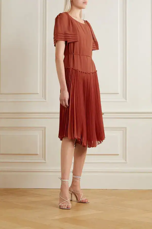 See By Chlo Pleated Chiffon Midi Dress In Burgundy - 50% Off | Editorialist