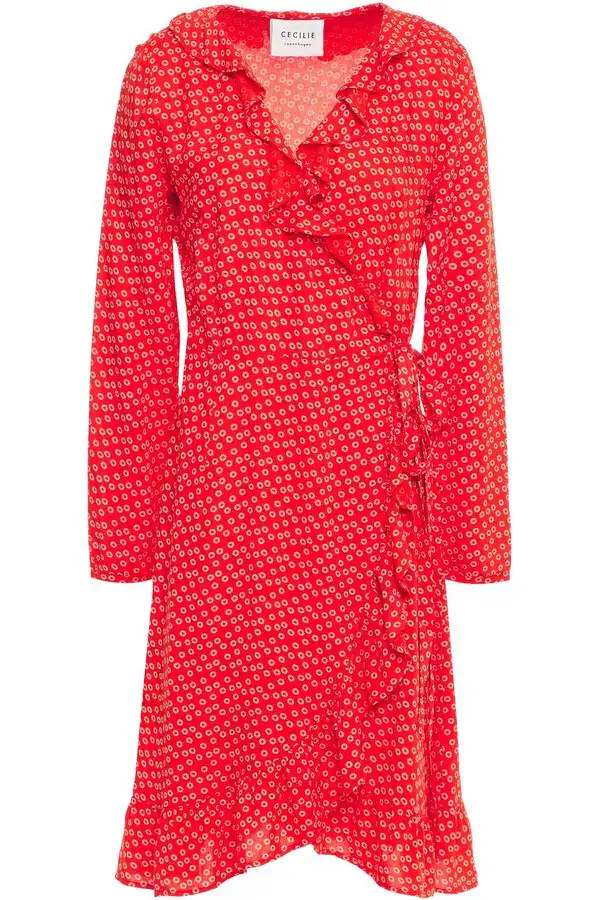 Cecilie Copenhagen Jolene Ruffled Printed Crepe Wrap Dress Size In Tomato  Red - 75% Off | Editorialist