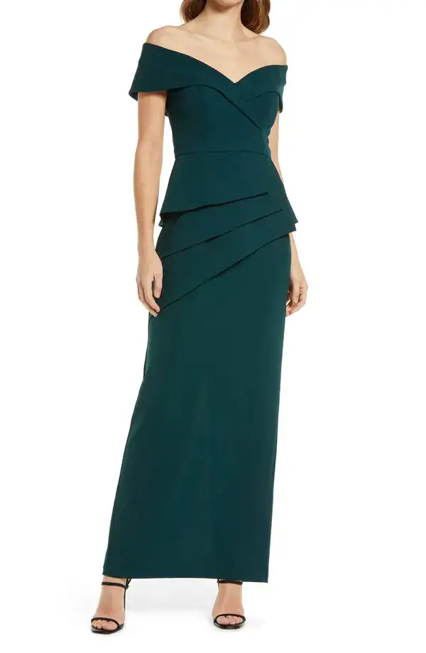 xscape hunter green dress Off The Shoulder Evening Gown In Pine - 50% Off Xscape women's