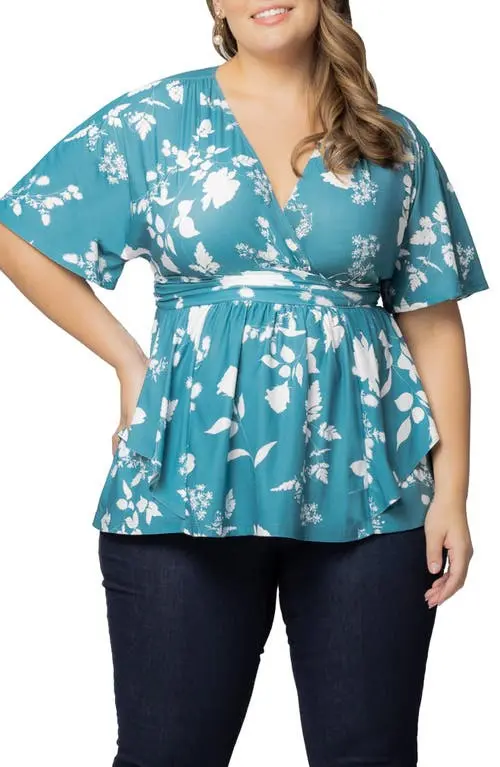 KIYONNA Encore Print Faux Wrap Top - Aqua Blooms