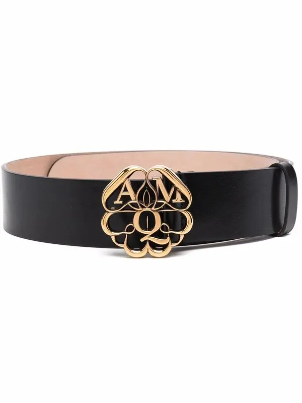 Alexander McQueen Seal Logo Plaque Black Leather Gold Hardware Waist Belt Alexander Mcqueen Seal-Logo Buckle Leather Belt In Black  main image 2