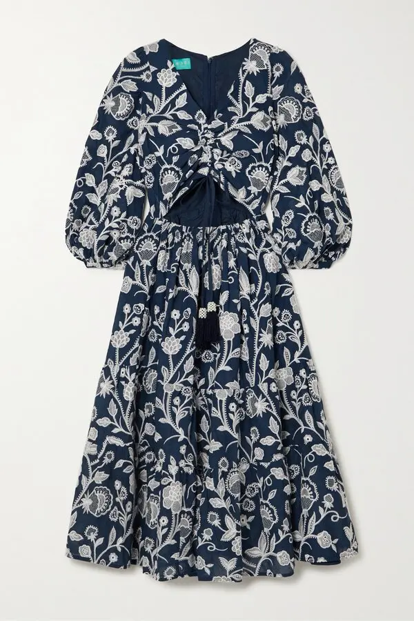 knee length dresses for ladies Navy Blue Embroidered Richelieu Midi Dress main image 0