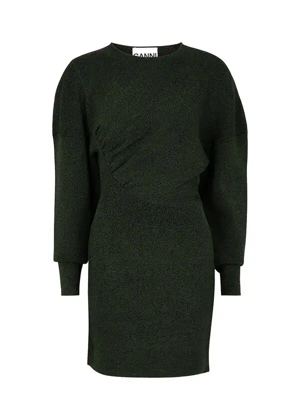 Ganni MéLange Stretch-Knit Mini Dress In Dark Green 65% Off