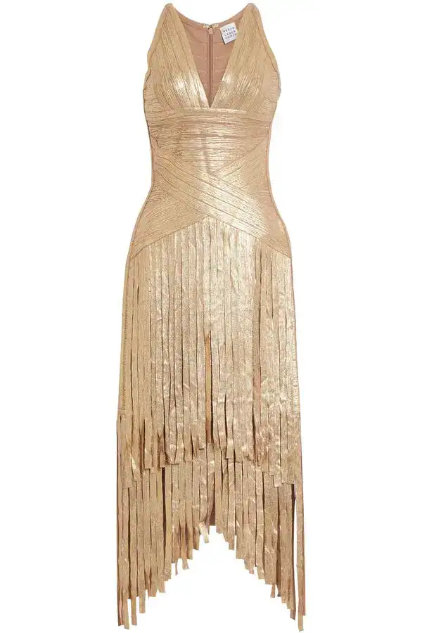 Herve Leger Tiered Fringed Metallic Coated Bandage Midi Dress In
