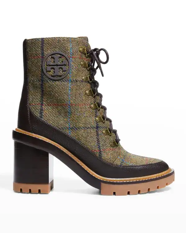 Tory Burch Miller Wool Lug-Sole Hiker Booties In Olive Plaid Olive