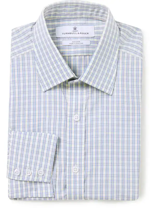 twill dress shirt Wrinkle-Resistant Stretch Twill Blue Grid Check Dress Shirt No Pocket / Premium Custom Buttons