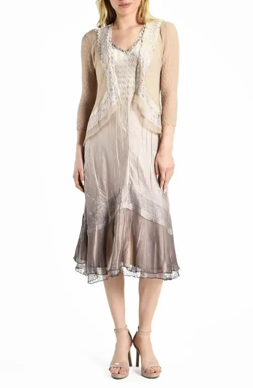 Komarov Beaded Charmeuse & Chiffon Tiered Dress With Jacket - Beach Cafe Ombre
