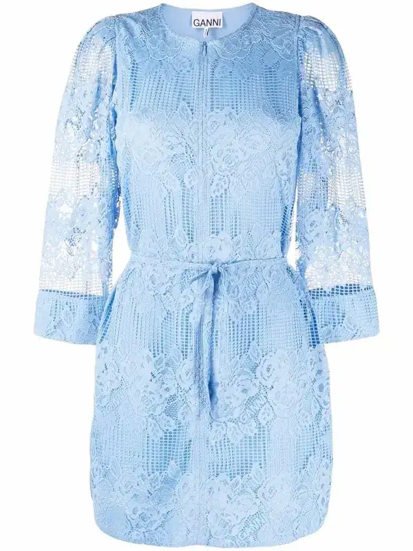 Ganni Lace-Panel Long-Sleeve Dress In Blue - 70% Off | Editorialist