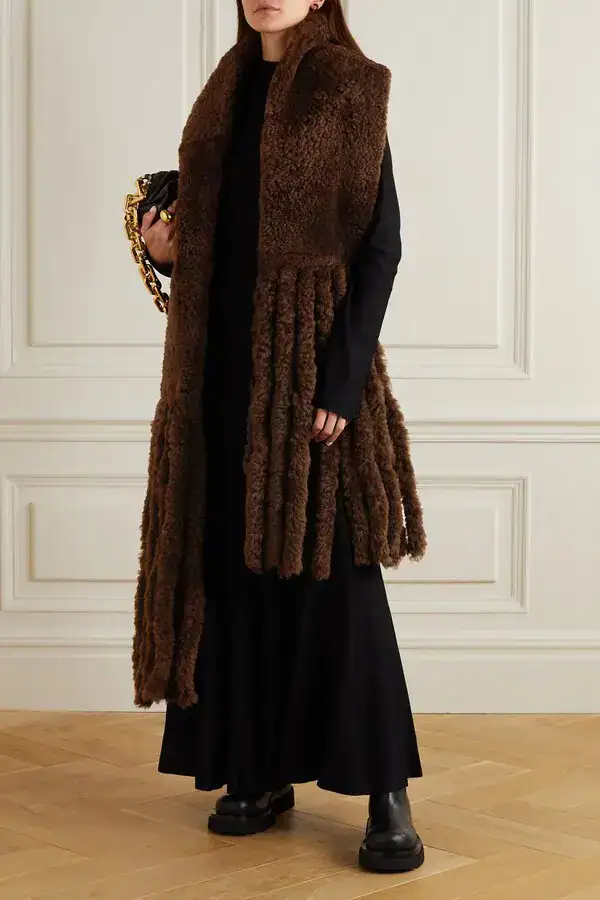 Bottega Veneta Oversized Fringed Shearling Scarf - Brown