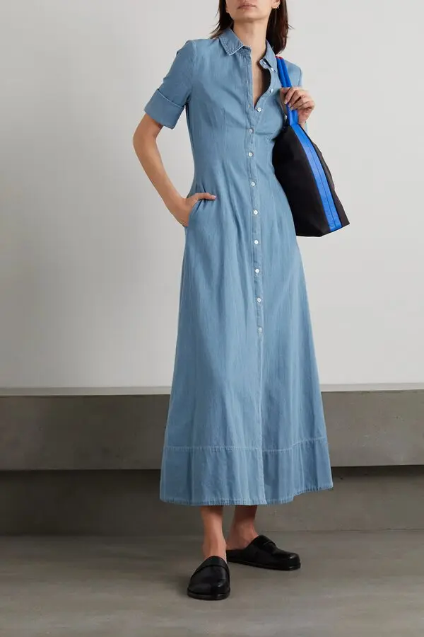 Staud Joan Cotton-Chambray Maxi Shirt Dress In Blue - 30% Off | Editorialist