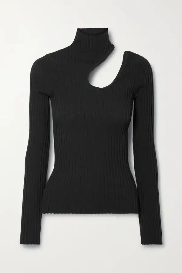 Anine Bing Victoria Cutout Ribbed Stretch-Cotton Turtleneck Top 