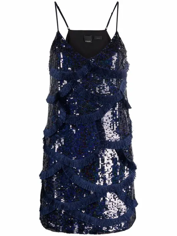 Pinko Sequin-Embellished Fringed Mini Dress In Blue - 59% Off | Editorialist