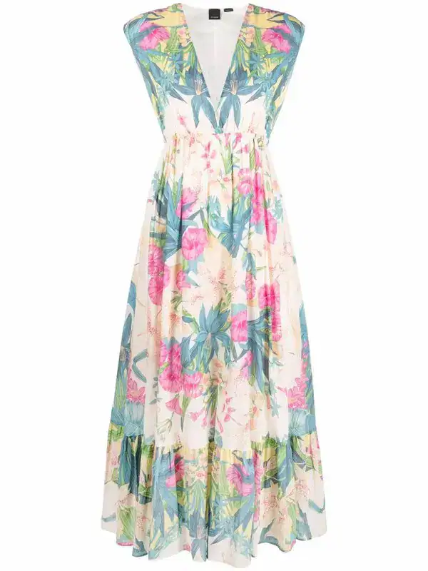 open lace back dress Long dress with fringing and Botanic Garden print