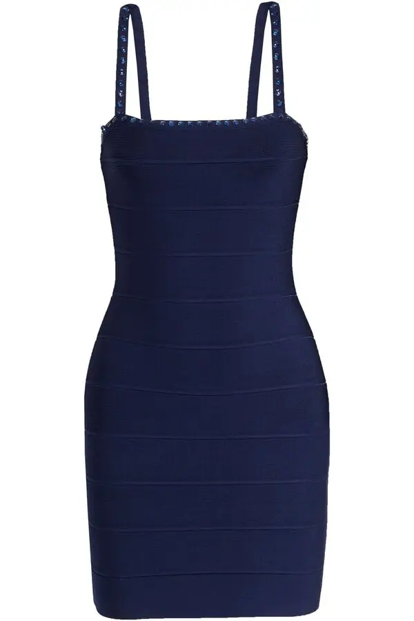 herve leger blue dress Crystal Embellished Navy Gown Fall 26 collection HERVÉ LÉGER Zip-front bandage dress