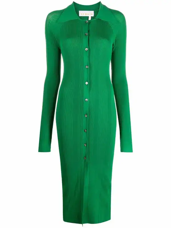 green ribbed collar dress Dark Green Knitted Long Sleeve Midi Dress main image 1