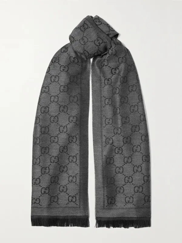 Gucci Net Sustain Sten Reversible Fringed Organic Wool-jacquard Scarf - Gray