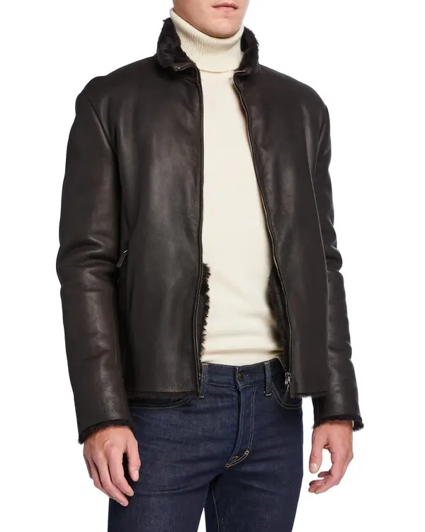 Emporio Armani Shearling-lined Leather Jacket - Brown | Editorialist