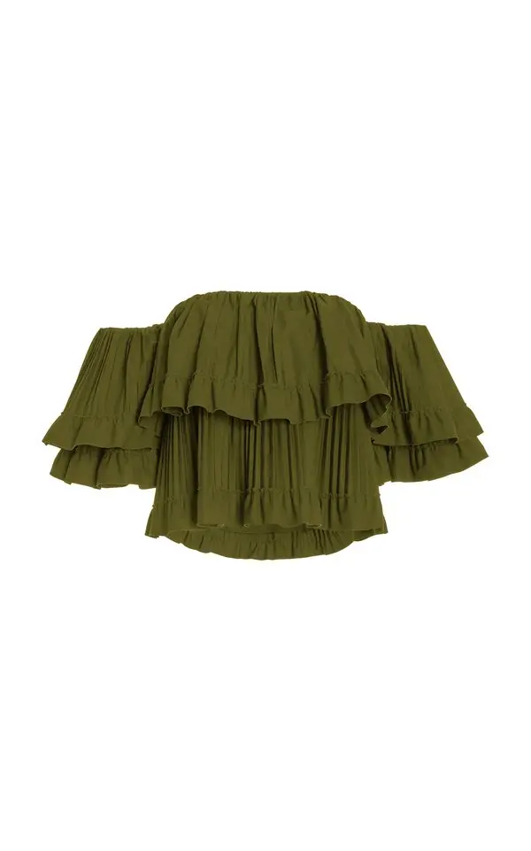 Brandon Maxwell Pleated Poplin Cropped Top - Olive