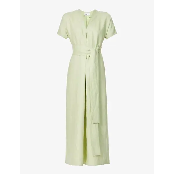 Lisa Marie Fernandez Pistachio Rosetta V-Neck Linen Maxi Dress - One-Color  | Editorialist
