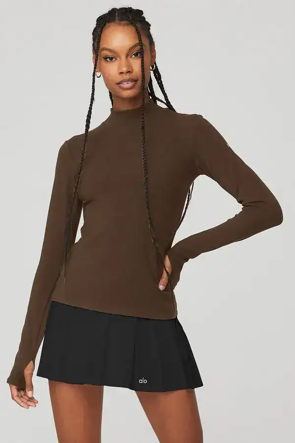 Alo Yoga Wellness Rib Mock Neck Long Sleeve Jacket In Espresso