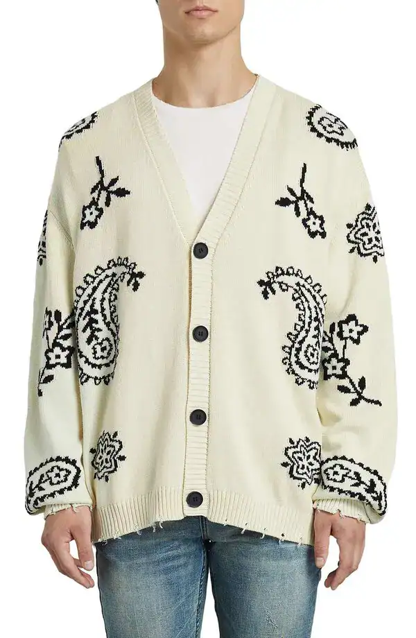 Profound Regular Fit Paisley Cotton Cardigan Sweater - Cream 