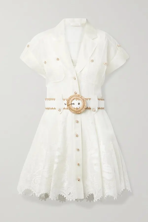 Zimmermann Postcard Belted Broderie Anglaise Linen And Silk-Blend Mini Dress  In White - 30% Off | Editorialist