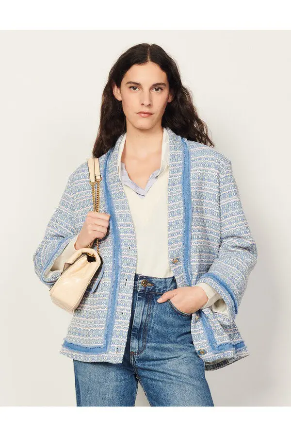 Sandro Tweed Jacket In Blue - 40% Off | Editorialist