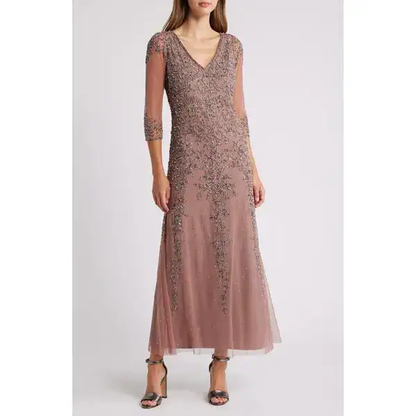 Pisarro Nights Beaded V-Neck A-Line Gown In Mauve - 65% Off | Editorialist