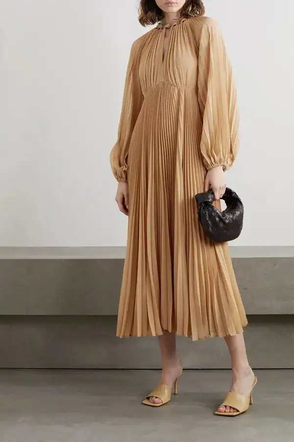 Zimmermann Sunray Chain-Embellished Pleated Chiffon Midi Dress In Brown -  30% Off | Editorialist