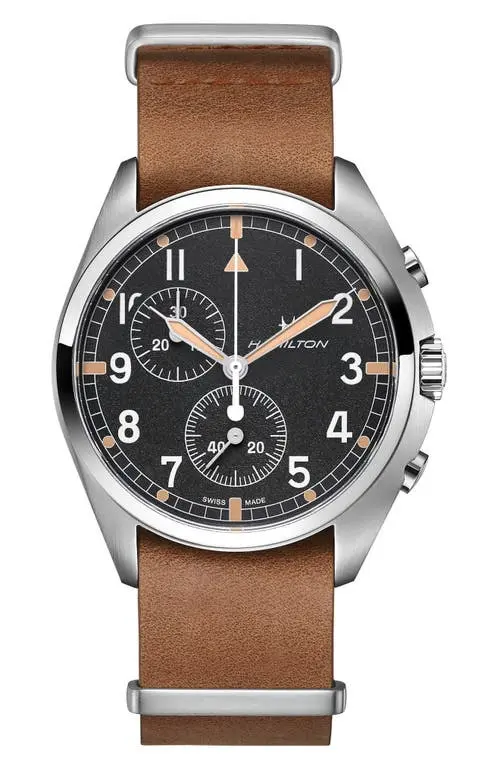 Hamilton Khaki Aviation Pilot Pioneer Chronograph Leather Strap Watch
