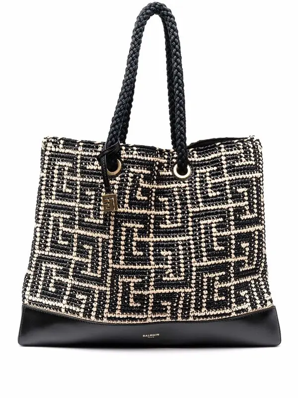 Buy Balmain Monogram Raffia Woven Shopping Bag - Black At 40% Off ...
