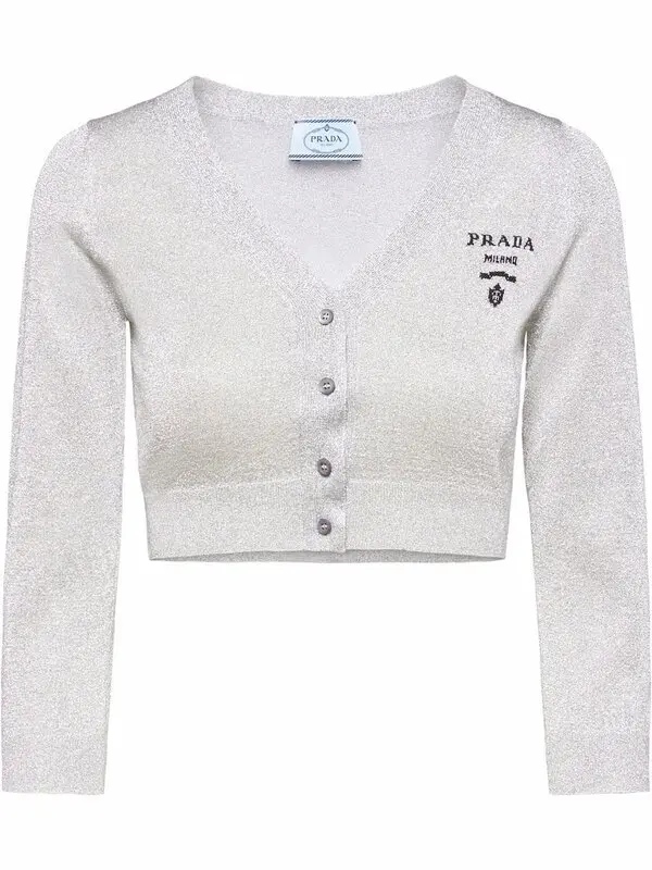 Prada Intarsia Logo-Knit Cropped Lurex Cardigan - Grey | Editorialist